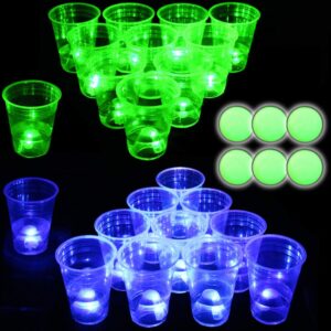 glow in the dark beer pong set,light up beer pong cups for indoor outdoor nighttime competitive fun,22 glowing cups(11 green &11 blue), 6 glowing balls, waterproof- party game