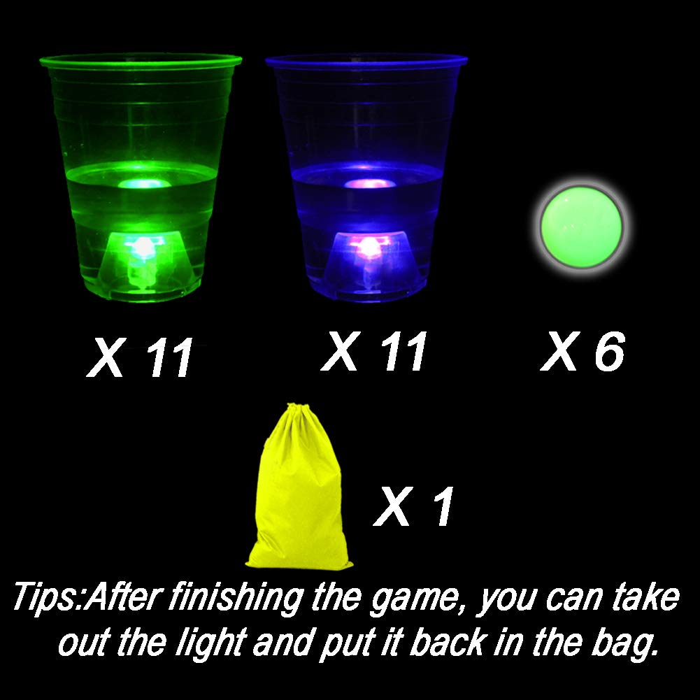 Glow in The Dark Beer Pong Set,Light up Beer Pong Cups for Indoor Outdoor Nighttime Competitive Fun,22 Glowing Cups(11 Green &11 Blue), 6 Glowing Balls, Waterproof- Party Game