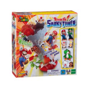 epoch games super mario blow up! shaky tower balancing game - tabletop skill and action game with collectible super mario action figures (pack of 1)