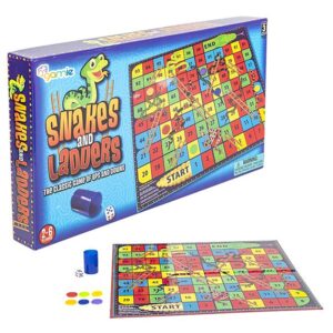 gamie snakes and ladders board game for kids, complete set with board, 6 pegs, and dice, classic fun for family game night and classroom, best birthday gift idea for boys and girls