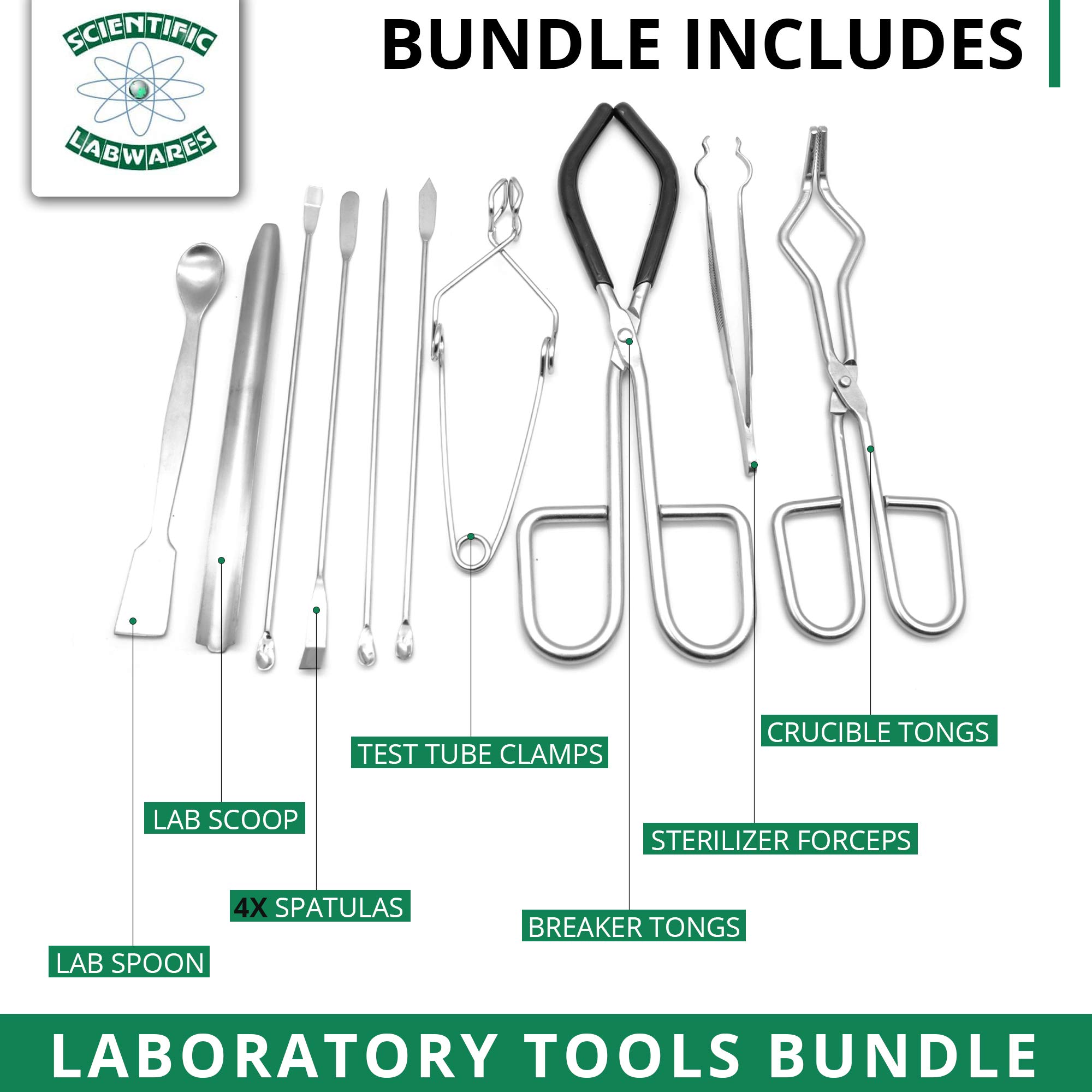 Scientific Labwares Essential Lab Tools Starter Pack - Crucible Beaker Tongs Lab Spatula Scoop Spoon Test Tube Clamps Sterilizer Forceps Tweezers - Premium Quality