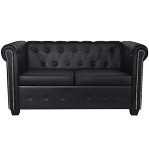 festnight faux leather chesterfield 2 seater sofa luxurious upholstery black loveseat sofa with scroll armrest home waiting room office furniture