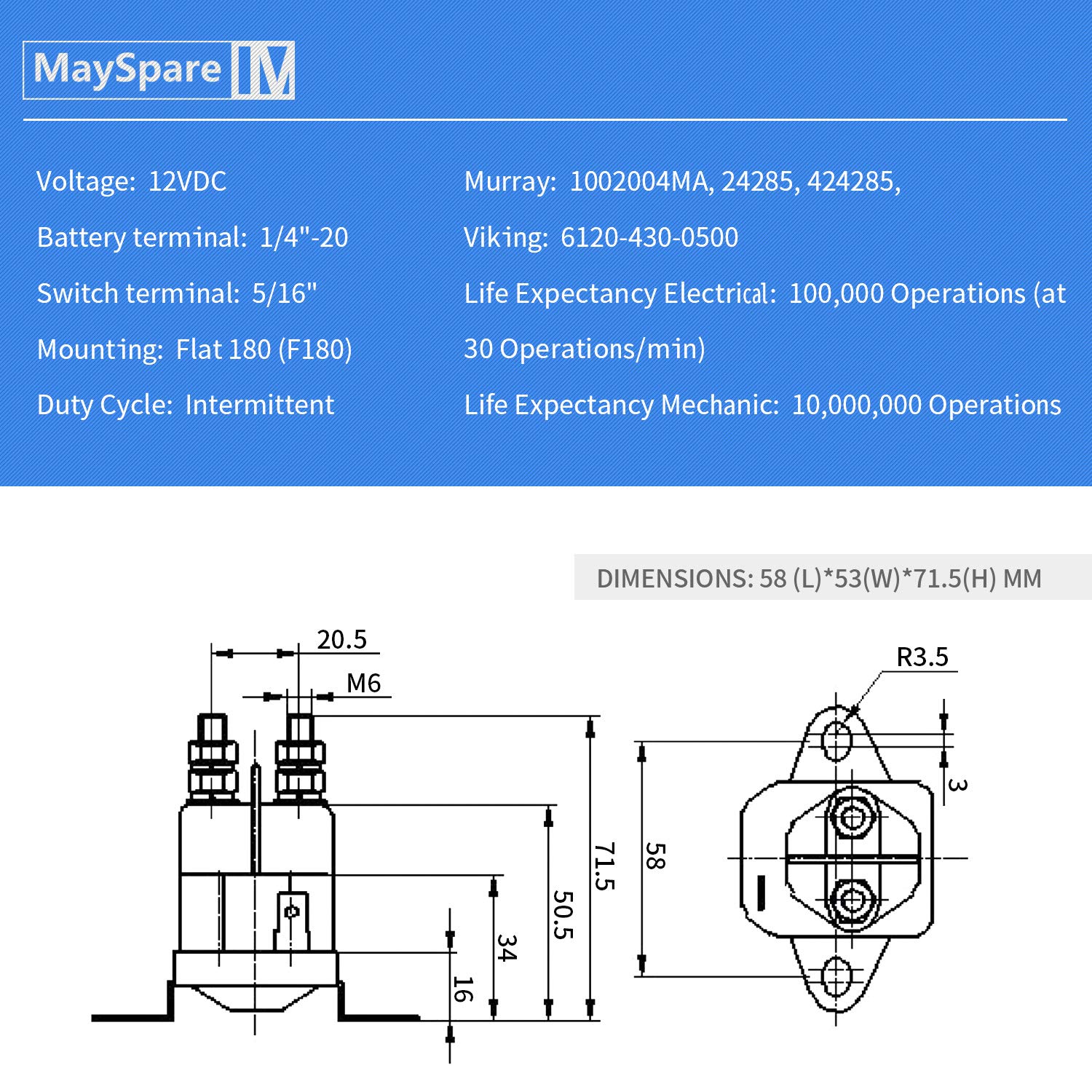 MaySpare Starter Solenoid For Husqvarna 539101714 Trombetta 854-1221-210 Bobcat John Deere Snapper MTD & Universal Applications 3 Terminal 12VDC