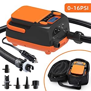 Tuomico Rechargeable Paddle Board Pump 16PSI Sup Air Pump with Battery,Electric Portable ISUP Pump for Inflatable Boat,Kayak,Tent with Inflation and Deflation Function