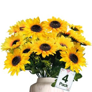 turnmeon 28pcs sunflowers artificial flowers bulk summer decor, 4 pack fake flowers silk faux sunflower bouquet arrangement for vase wedding table home porch indoor outdoor cemetery decorations