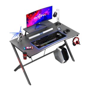 motpk gaming desk 39 inch, computer desk with monitor shelf, gaming table carbon fiber coated, gift ideas, gamer desk with cup holder and headphone hook, black