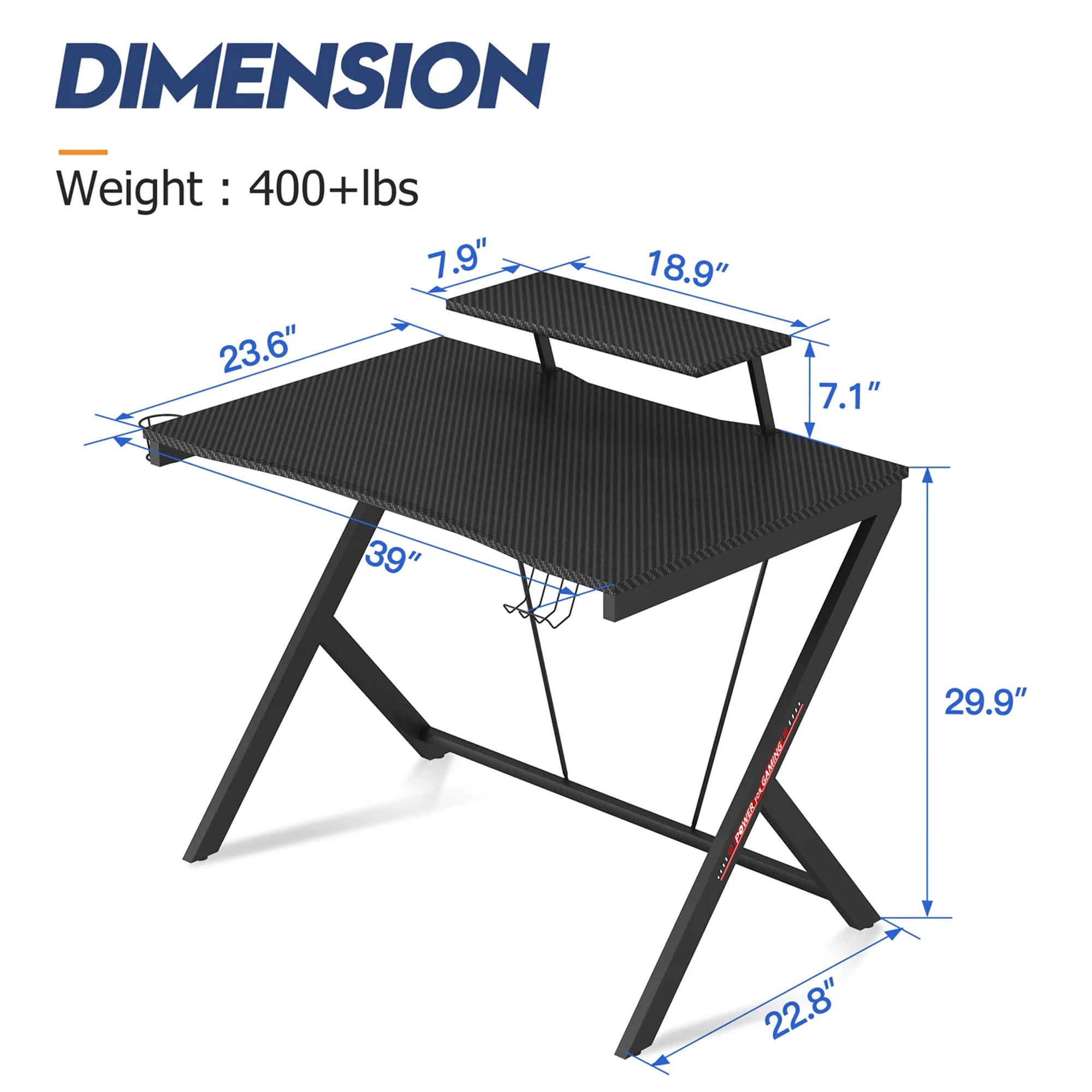 MOTPK Gaming Desk 39 Inch, Computer Desk with Monitor Shelf, Gaming Table Carbon Fiber Coated, Gift Ideas, Gamer Desk with Cup Holder and Headphone Hook, Black