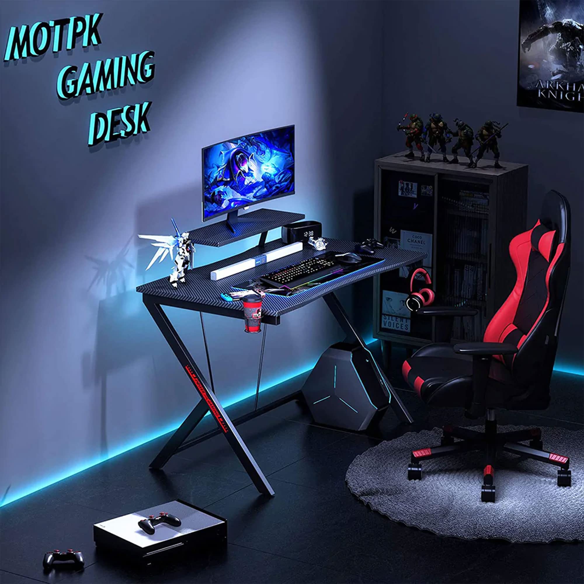 MOTPK Gaming Desk 39 Inch, Computer Desk with Monitor Shelf, Gaming Table Carbon Fiber Coated, Gift Ideas, Gamer Desk with Cup Holder and Headphone Hook, Black