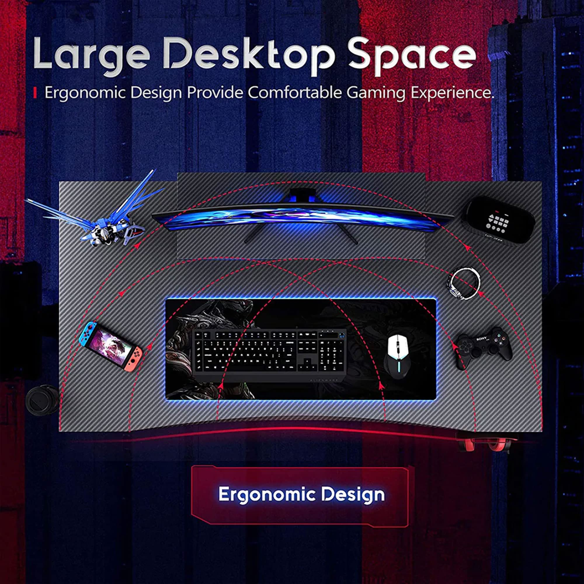 MOTPK Gaming Desk 39 Inch, Computer Desk with Monitor Shelf, Gaming Table Carbon Fiber Coated, Gift Ideas, Gamer Desk with Cup Holder and Headphone Hook, Black