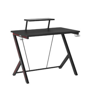 MOTPK Gaming Desk 39 Inch, Computer Desk with Monitor Shelf, Gaming Table Carbon Fiber Coated, Gift Ideas, Gamer Desk with Cup Holder and Headphone Hook, Black