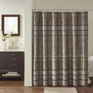 madison park essentials zara multi print jacquard shower curtains machine washable, traditional home bathroom décor bathtub privacy screen, 72" x 72", brown (mpe70-883)