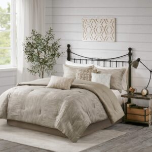 madison park walter comforter-luxe seersucker print design all season down alternative bedding, matching shams, bedskirt, decorative pillows, king (104 in x 92 in), taupe