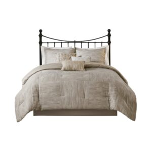 Madison Park Walter Comforter-Luxe Seersucker Print Design All Season Down Alternative Bedding, Matching Shams, Bedskirt, Decorative Pillows, King (104 in x 92 in), Taupe