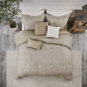 Madison Park Walter Comforter-Luxe Seersucker Print Design All Season Down Alternative Bedding, Matching Shams, Bedskirt, Decorative Pillows, King (104 in x 92 in), Taupe