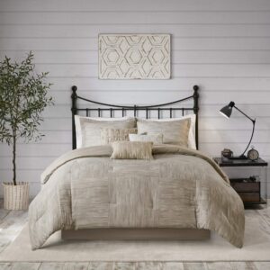 Madison Park Walter Comforter-Luxe Seersucker Print Design All Season Down Alternative Bedding, Matching Shams, Bedskirt, Decorative Pillows, King (104 in x 92 in), Taupe