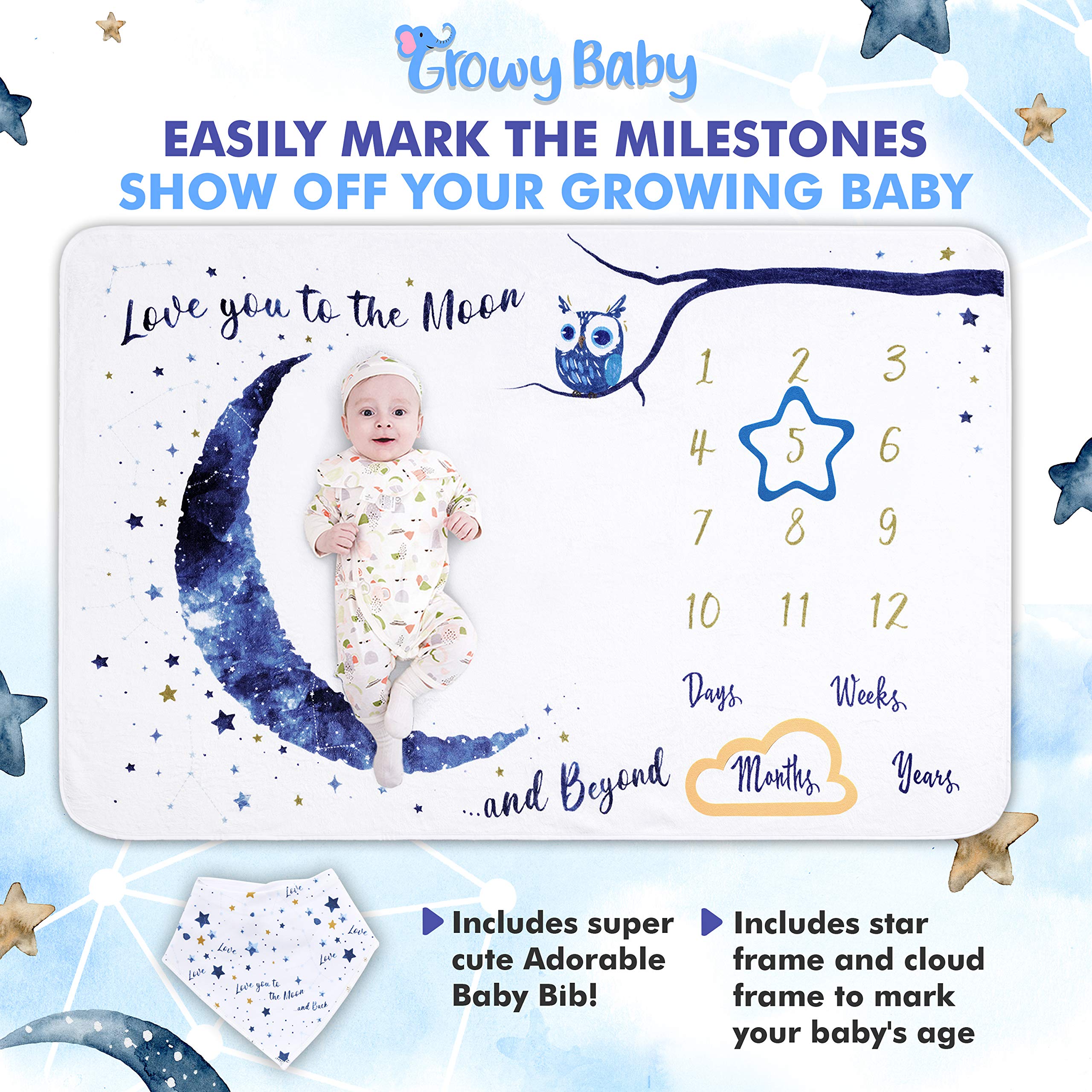 GROWY BABY Monthly Milestone Blanket Boy & Girl - Moon & Owl Baby Monthly Milestone Blanket Baby Boy Gifts - Nursery Decor Newborn Baby Shower Unisex Baby Milestone Blanket Girl - 60"x40"