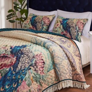 barefoot bungalow eden peacock quilt set, full/queen (3 piece), ecru