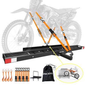 mockins 500 lb capacity anti tilt motorcycle hitch carrier set | 73" dirt bike hitch hauler | heavy duty steel motorcycle rack for hitch | dirt bike hitch carrier & ramp, straps, stabilizer