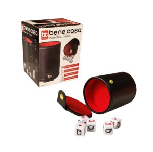 bene casa - black leather dice cup with red felt interior includes reinforced bottom and snap-on cup lid - comes with set of 5 6-sided dice