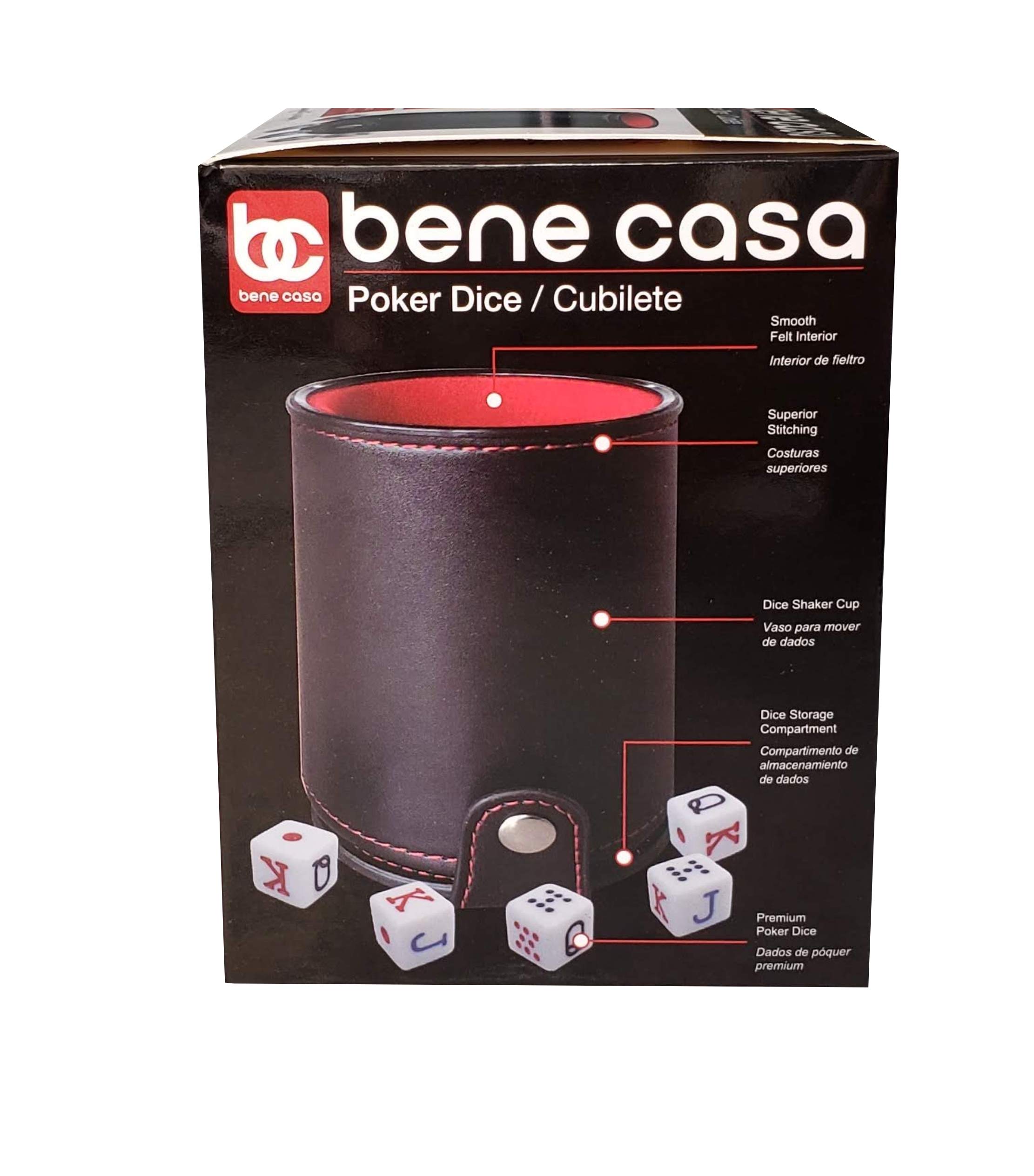 Bene Casa - Black Leather Dice Cup with Red Felt Interior Includes Reinforced Bottom and Snap-on Cup Lid - Comes with Set of 5 6-Sided Dice