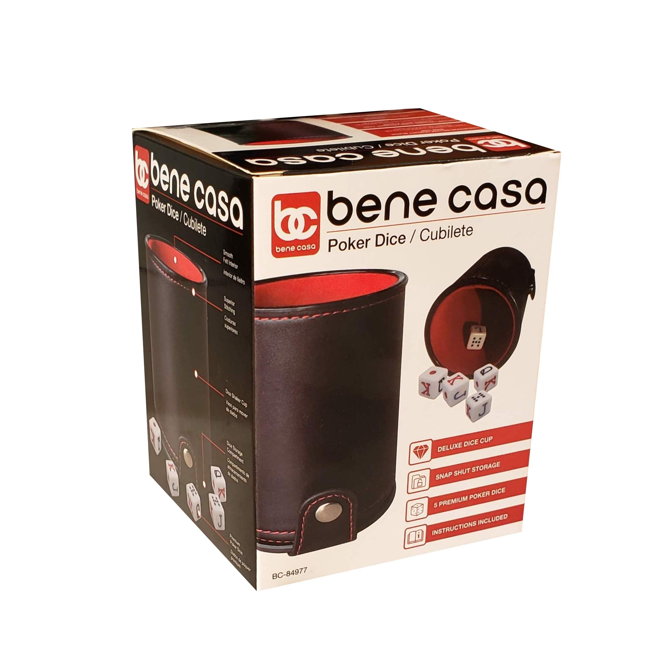 Bene Casa - Black Leather Dice Cup with Red Felt Interior Includes Reinforced Bottom and Snap-on Cup Lid - Comes with Set of 5 6-Sided Dice