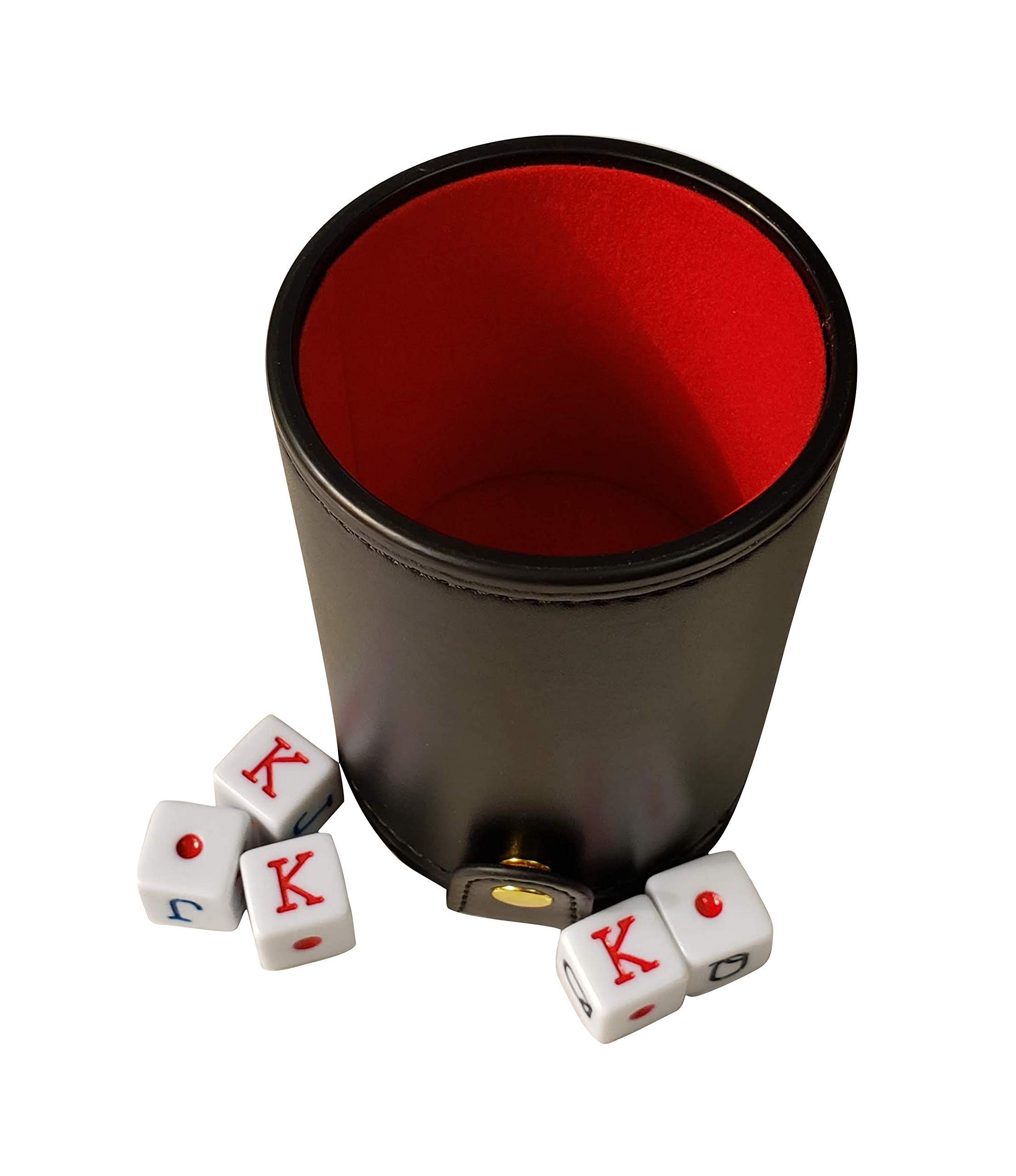 Bene Casa - Black Leather Dice Cup with Red Felt Interior Includes Reinforced Bottom and Snap-on Cup Lid - Comes with Set of 5 6-Sided Dice