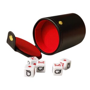 Bene Casa - Black Leather Dice Cup with Red Felt Interior Includes Reinforced Bottom and Snap-on Cup Lid - Comes with Set of 5 6-Sided Dice