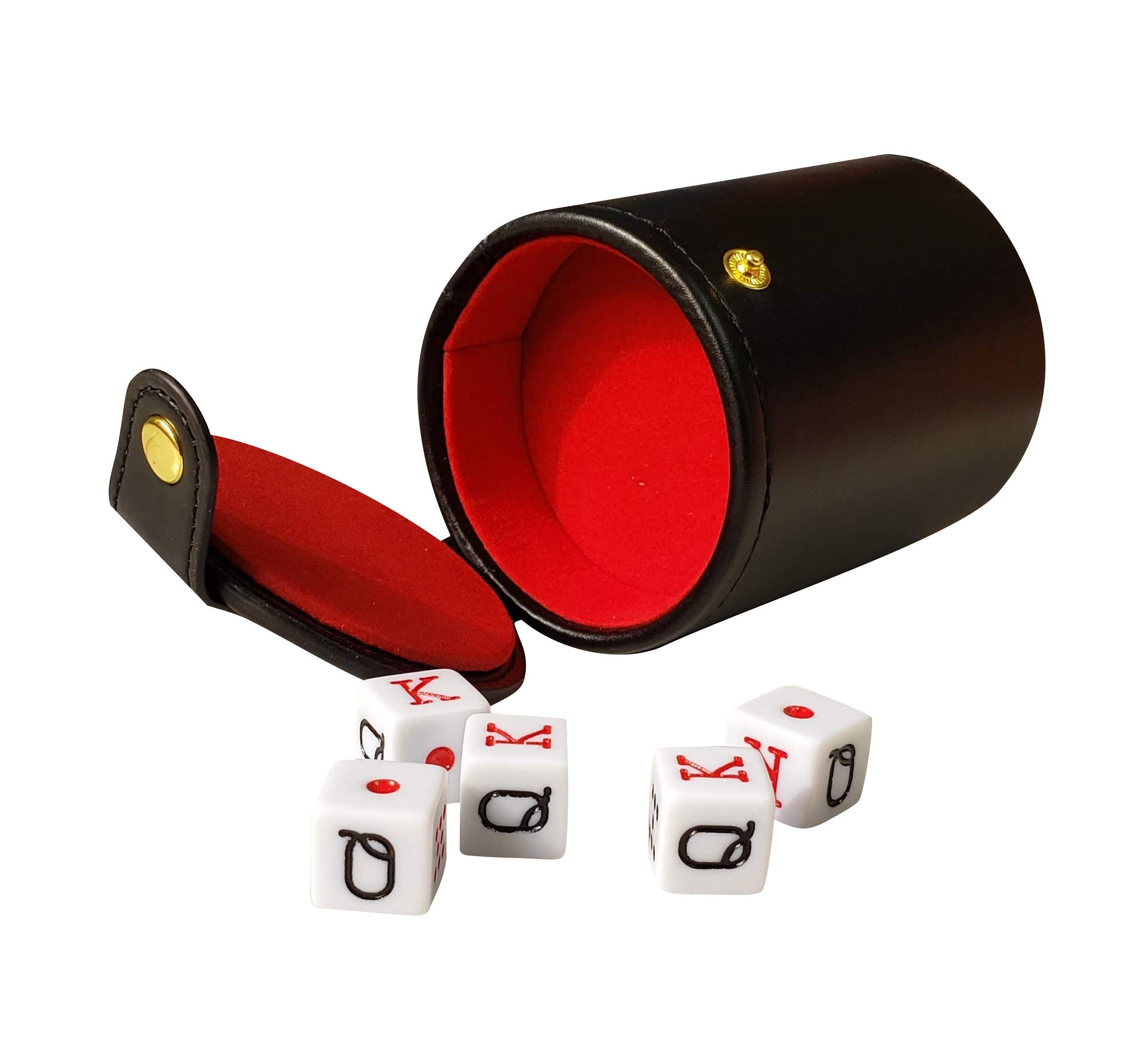 Bene Casa - Black Leather Dice Cup with Red Felt Interior Includes Reinforced Bottom and Snap-on Cup Lid - Comes with Set of 5 6-Sided Dice