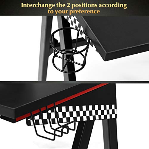 Tangkula Computer Desk Gaming Desk, E Sports Gamer Table, Professional Gamer Workstation with Cup Holder, Headphone Hook, Ergonomic PC Gaming Table, Writing Desk for Home Office (Black)