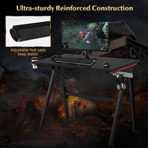 Tangkula Computer Desk Gaming Desk, E Sports Gamer Table, Professional Gamer Workstation with Cup Holder, Headphone Hook, Ergonomic PC Gaming Table, Writing Desk for Home Office (Black)