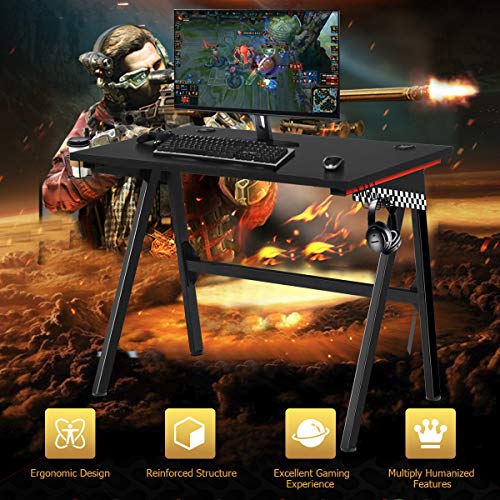 Tangkula Computer Desk Gaming Desk, E Sports Gamer Table, Professional Gamer Workstation with Cup Holder, Headphone Hook, Ergonomic PC Gaming Table, Writing Desk for Home Office (Black)