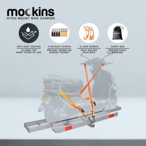 Mockins 500 lbs Capacity Anti Tilt Hitch-Mount Motorcycle Carrier with Ramp | Heavy Duty Steel Dirt Bike Hitch Hauler | 73 in. Motorcycle Hitch Carrier | Dirt Bike Trailer for Truck, SUV, Car