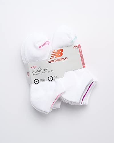 New Balance Girls' Athletic Low Cut Socks with Reinforced Heel and Toe (8 Pack), Size Medium, Pure White