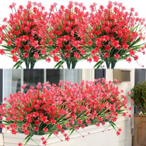 artbloom 20 bundles outdoor artificial fake flowers uv resistant shrubs plants, faux plastic greenery for indoor outside hanging plants garden porch window box home wedding farmhouse decor (red)