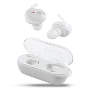 coby trufit lightweight true wireless earbuds with charging case - bluetooth 5.3 music controls, call functions, 16 hour battery life for iphone 13/12 / 11 / se/x / 8/7 and android (white)