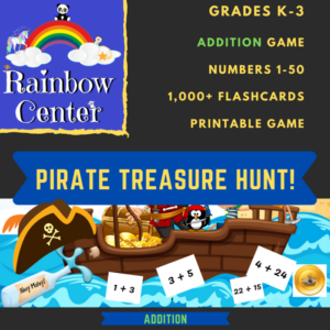 pirate treasure hunt math game - addition - grades k-3 using all number combinations 1-50 - printable game activity