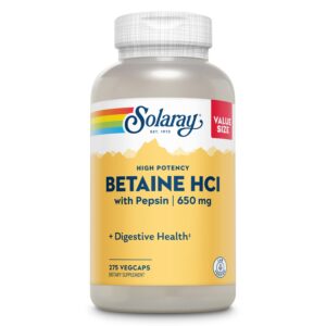 solaray betaine hcl with pepsin, high potency hydrochloric acid formula, healthy digestion supplement, digestive enzymes for gut health support, 60-day guarantee (275 servings, 275 veg caps)