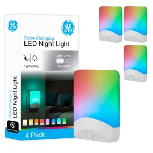 ge color-changing led night light, plug into wall, dusk to dawn sensor, 8 vibrant colors, ambient lighting, kids adults bedroom, bathroom, nursery, kitchen, hallway, 4 pack, 50860