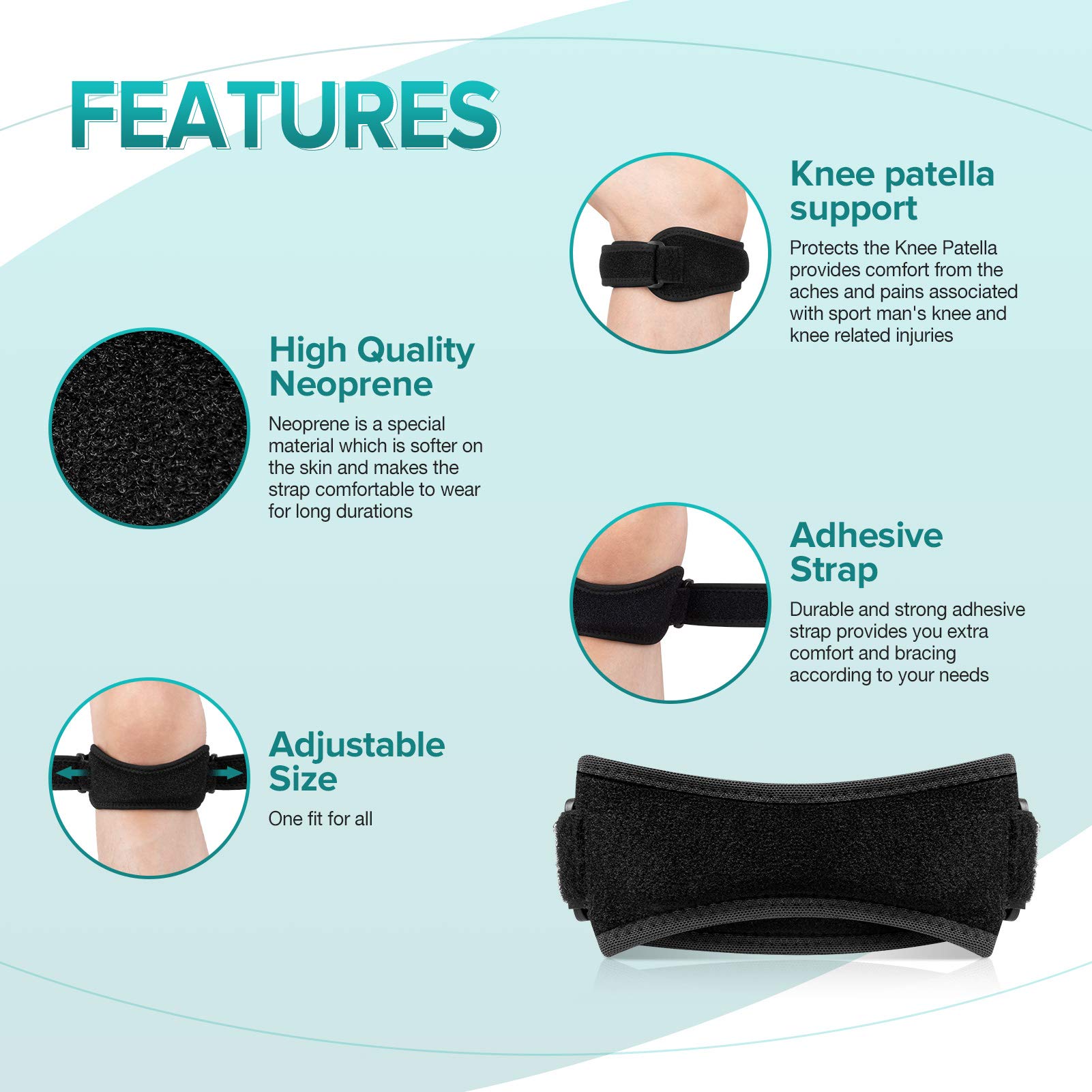 Portzon Patellar Tendon Support Strap 2 Pack, Patella Knee Strap For Knee Pain Relief Patellar Tendon Support, Adjustable Brace Band For Basketball, Running, Runner Jumper Knee, Wind Thickened Pad