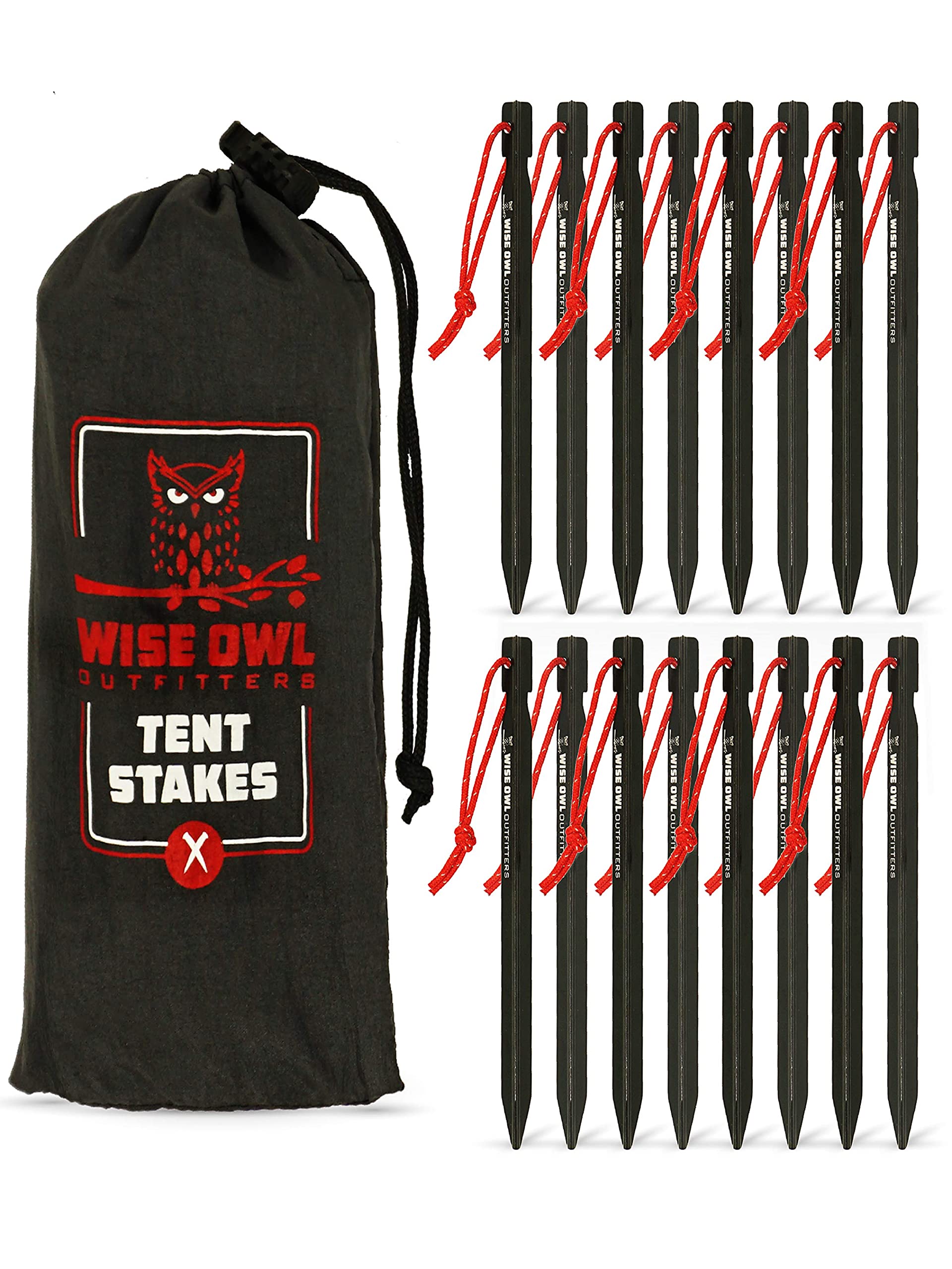 Wise Owl Outfitters Tent Stakes - Heavy Duty Camping Stakes for Outdoor Tent & Tarp - Essential Camping Accessories, Available in 12pk or 16pk Black