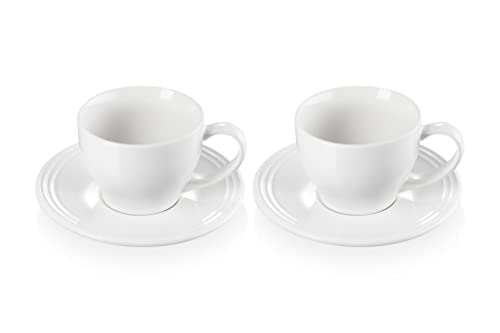 Le Creuset Stoneware Set of 2 Cappuccino Cups and Saucers , 7 oz. each, White