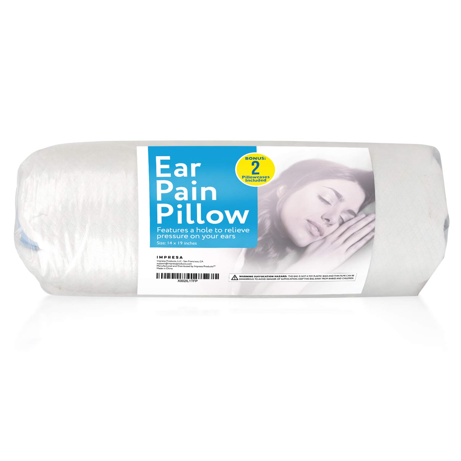 IMPRESA Firm Memory Foam Pillow with an Ear Hole - Includes 2 Pillowcases - FSA/HSA Eligible - Helps Reduce Ear Pain from CNH, Pressure Sores, Post Ear Surgery, Ear Pain or Ear Plugs - Non-Adjustable