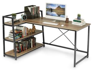 cyfie l-shaped computer desk with bookshelf switchable 3-tier storage shelf, 60'' corner writing desk, x-frame reinforced design workstation gaming table for rental house, home, office, bedroom, study