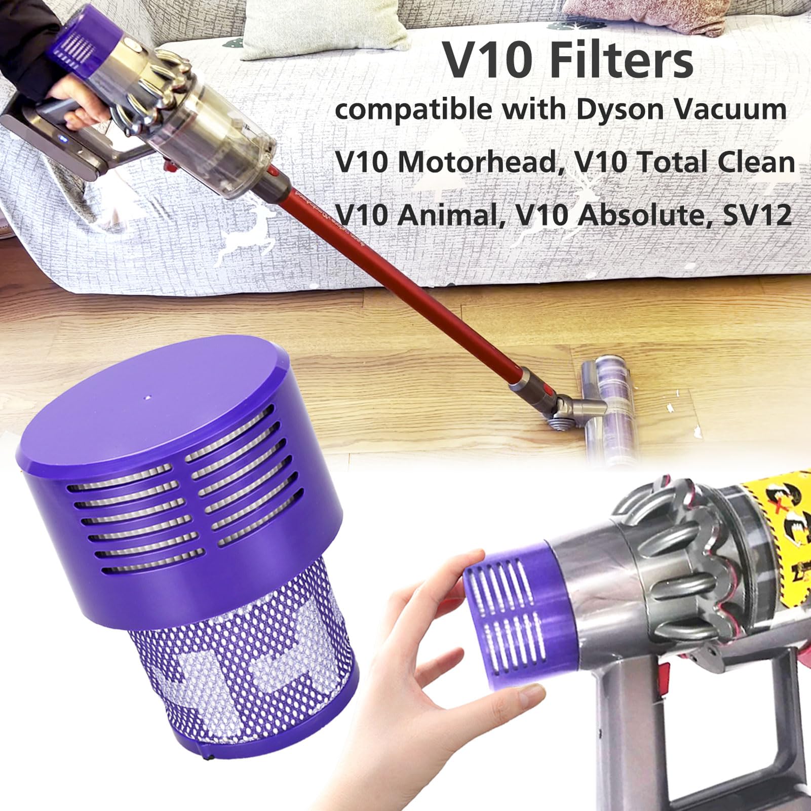 LhhTing Replacement V10 Filters for Dyson V10 Cyclone Series, V10 Absolute, V10 Animal, V10 Total Clean, SV12, Replace Part No. 969082-01, 4 Pack Filters and 1 Clean Brush