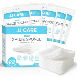 jj care sterile gauze pads 4" x 4" (pack of 100), 12-ply cotton gauze pads, individually-wrapped sterile gauze sponges, 100% woven, non-stick medical gauze pads for first aid kit & wound care