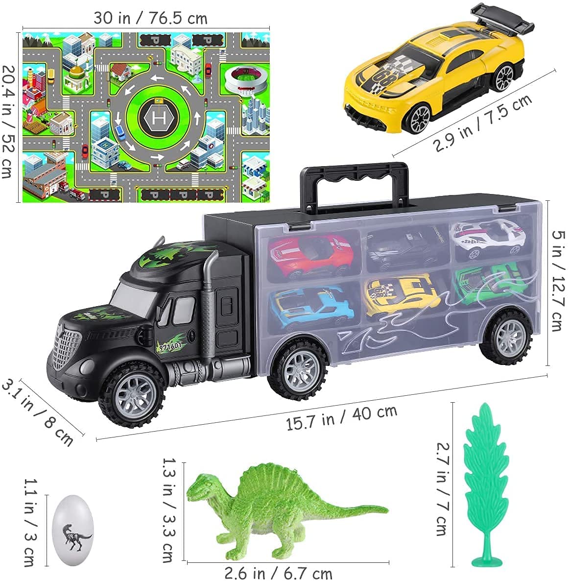 Dinosaur Toys Tools Set, 19 Dinosaurs Car Carrier Truck Toy, Including 1 Truck, 6 Mini Cars, 6 Dinosaurs, 3 Dinosaur Eggs, Dinosaur Truck Toys