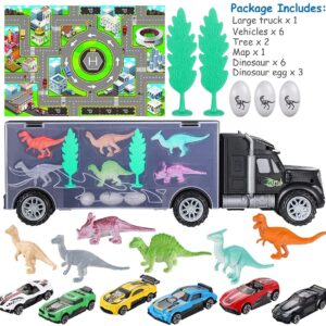 Dinosaur Toys Tools Set, 19 Dinosaurs Car Carrier Truck Toy, Including 1 Truck, 6 Mini Cars, 6 Dinosaurs, 3 Dinosaur Eggs, Dinosaur Truck Toys