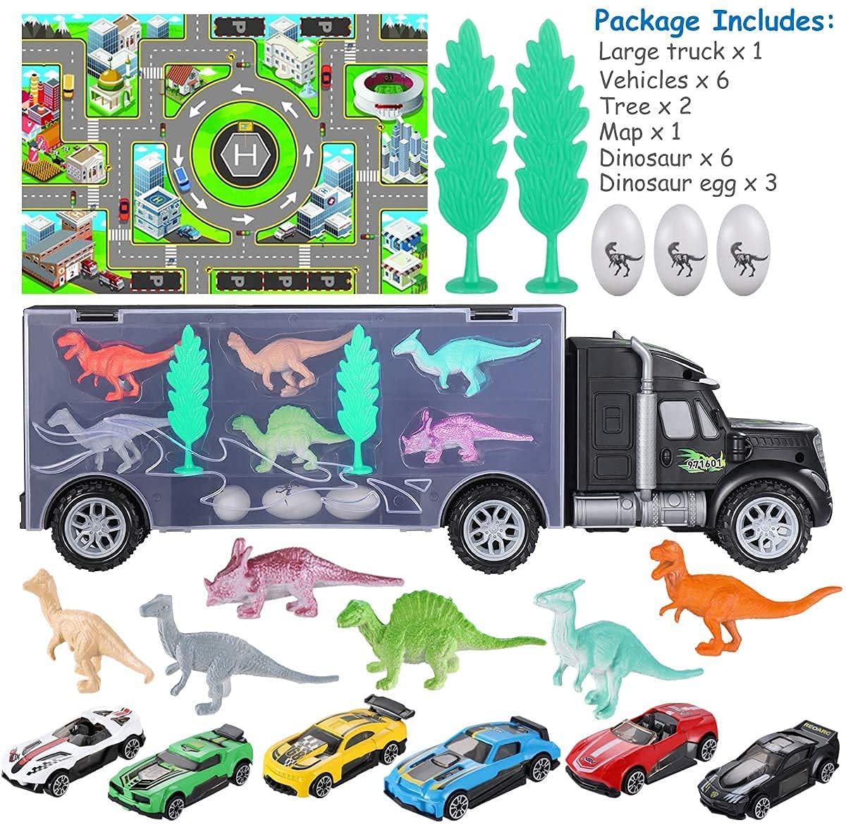 Dinosaur Toys Tools Set, 19 Dinosaurs Car Carrier Truck Toy, Including 1 Truck, 6 Mini Cars, 6 Dinosaurs, 3 Dinosaur Eggs, Dinosaur Truck Toys