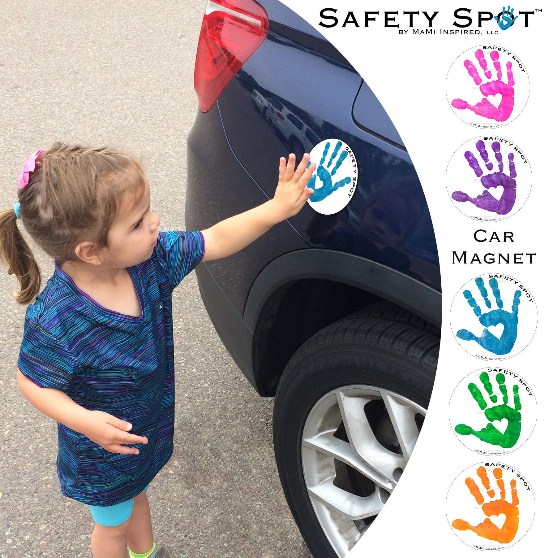 Safety Spot Magnet - Kids Handprint for Car Parking Lot Safety - White Background (Blue)