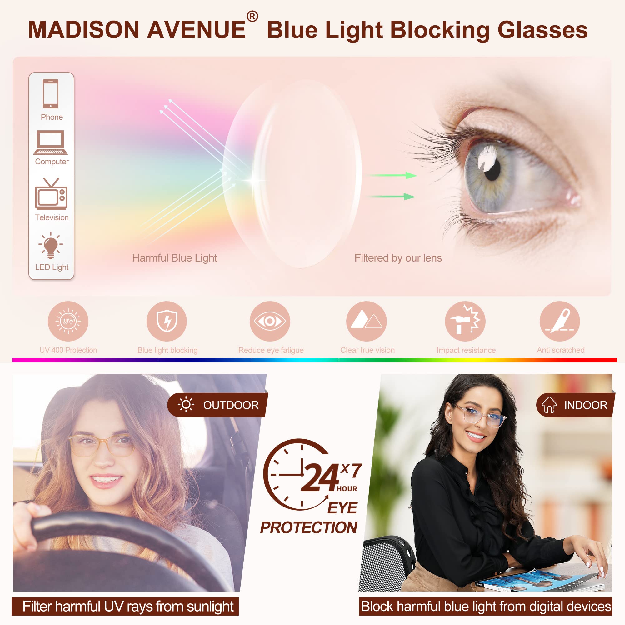 Madison Avenue Blue Light Blocking Glasses Anti Eyestrain UV Glare Blue Light Glasses for Women TV Phone Computer Gaming Eyeglasses (Crystal Brown)